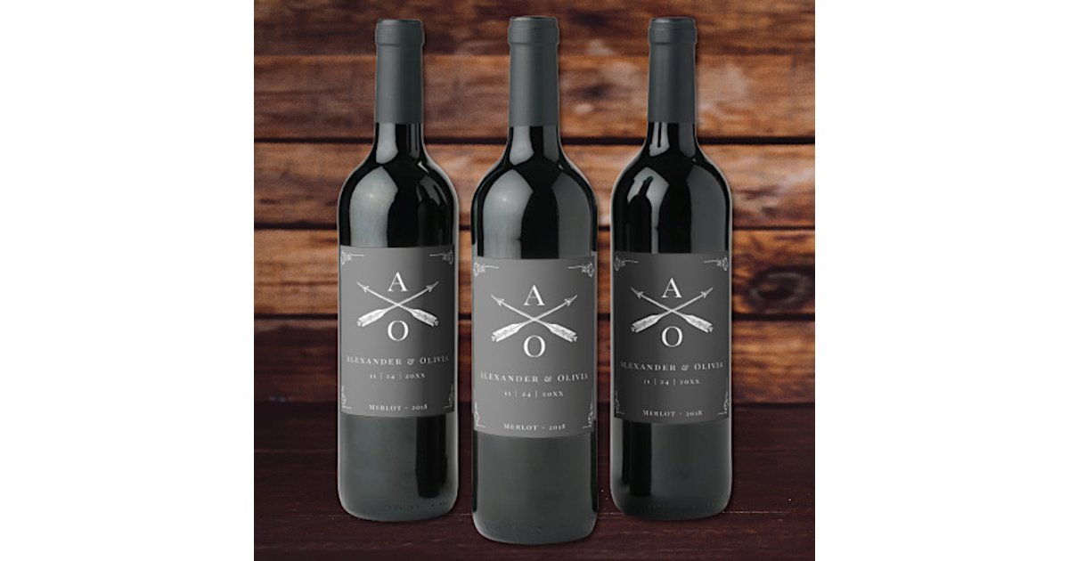 Gray Monogram and Arrows Wedding Wine Label | Zazzle
