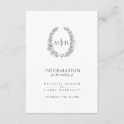 Gray monogram wreath wedding directions schedule enclosure card | Zazzle