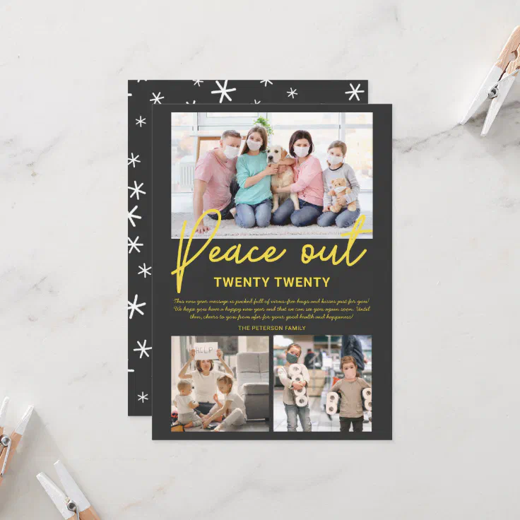 Gray New Year peace out 2020 script 3 photos Card | Zazzle