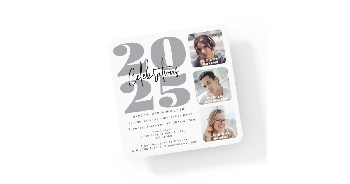 Gray Photo Triple Graduation Invitation | Zazzle