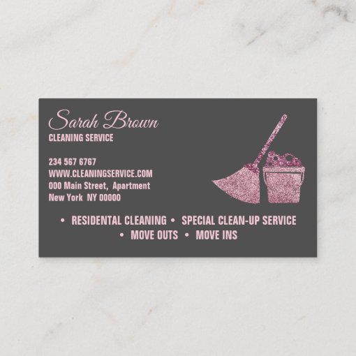 Gray Pink Cleaning Service Maid Janitorial sparkle Business Card | Zazzle