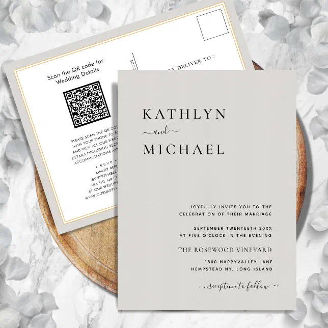Gray QR Code All In One Modern Minimalist Wedding Invitation Postcard ...