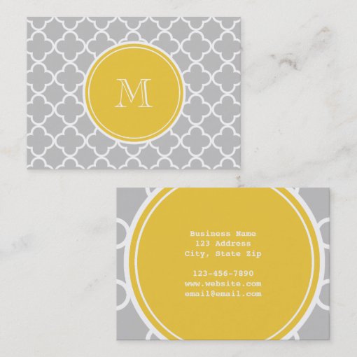 Gray Quatrefoil Pattern, Yellow Monogram Business Card | Zazzle
