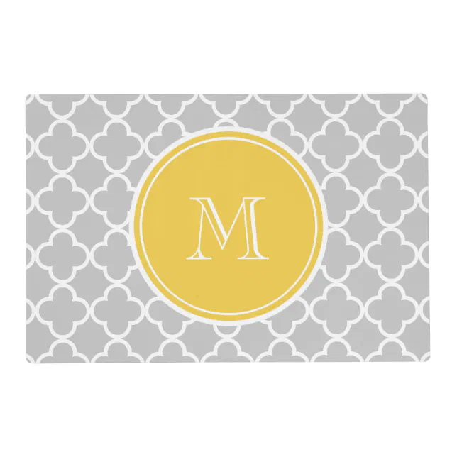Gray Quatrefoil Pattern, Yellow Monogram Placemat | Zazzle