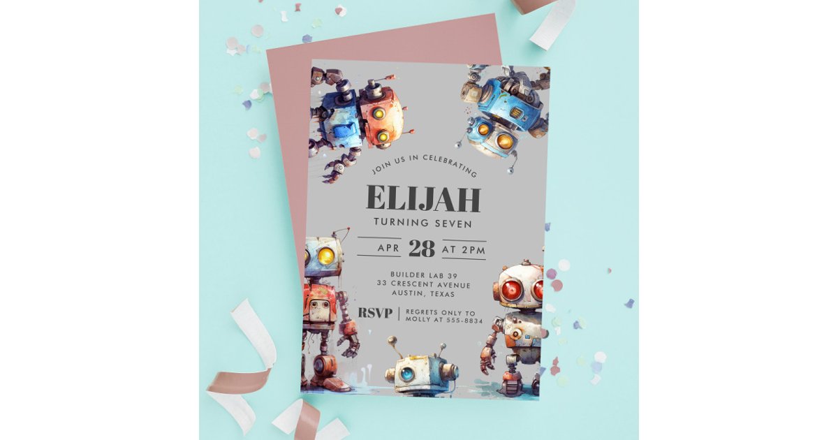 Gray Robots Tech Gear Builder Birthday Party Invitation | Zazzle