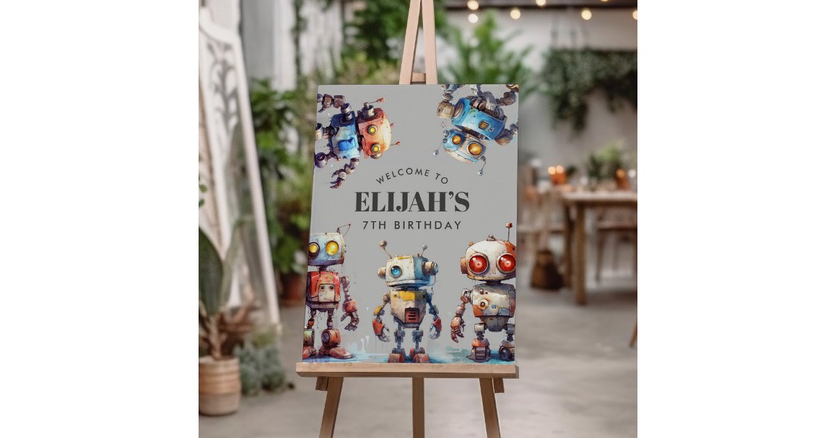 Gray Robots Tech Gear Builder Birthday Party Sign | Zazzle