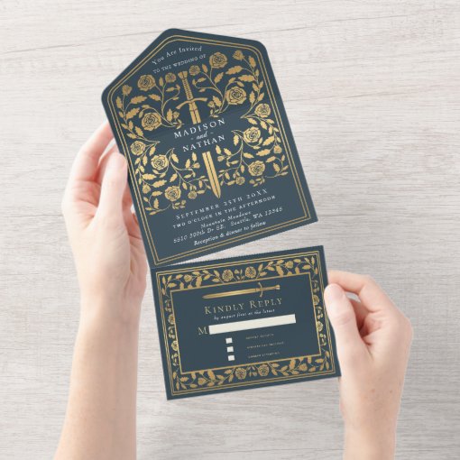 Gray Royal Medieval Fantasy Sword Wedding All In One Invitation | Zazzle