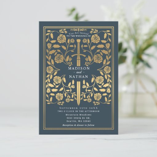 Gray Royal Medieval Gold Sword Wedding Invitation | Zazzle