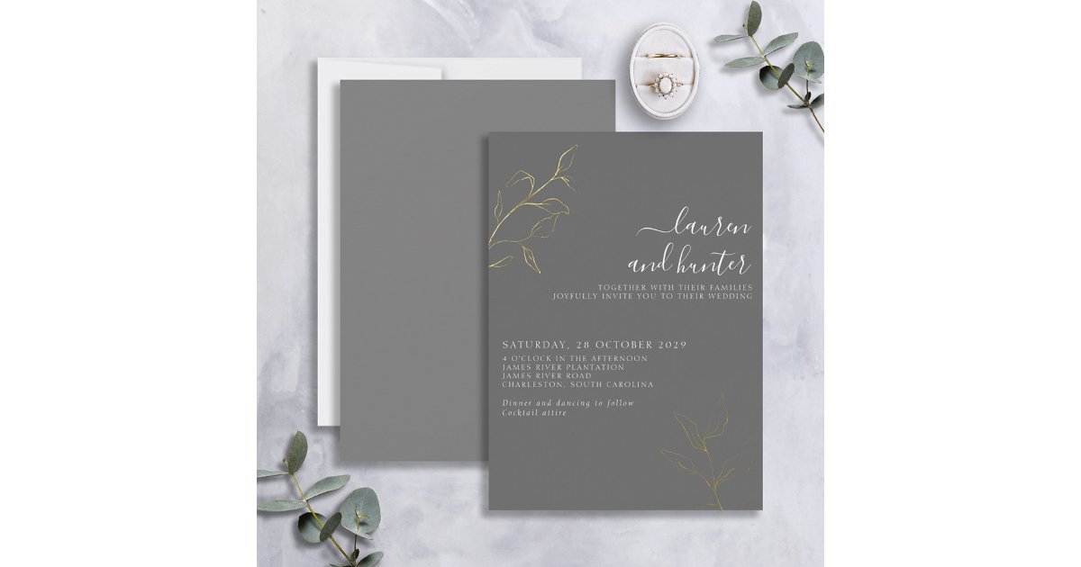 Gray Script Gold Botanical Wedding Foil Invitation | Zazzle