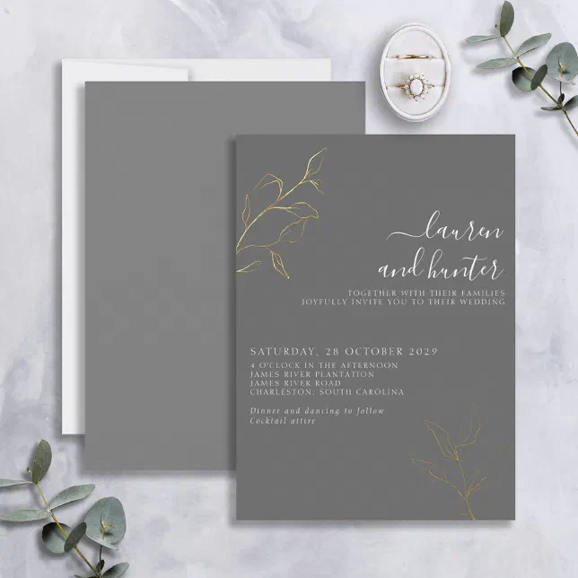 Gray Script Gold Botanical Wedding Foil Invitation | Zazzle