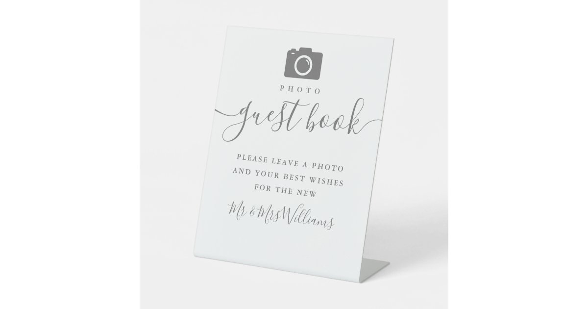 Gray Signature Script Photo Guest Book Pedestal Sign | Zazzle