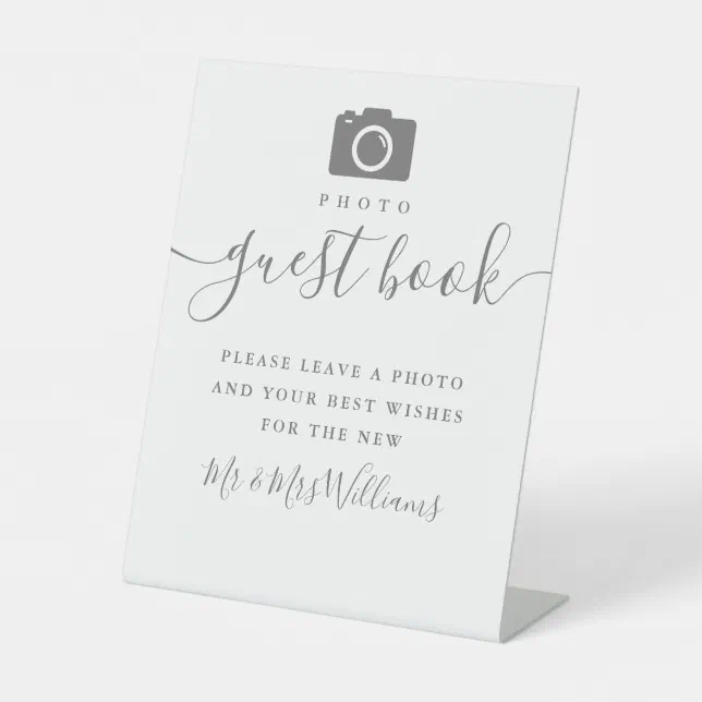 Gray Signature Script Photo Guest Book Pedestal Sign | Zazzle