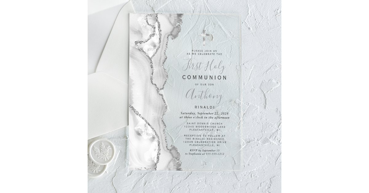 Gray Silver Agate First Holy Communion Acrylic Invitations | Zazzle