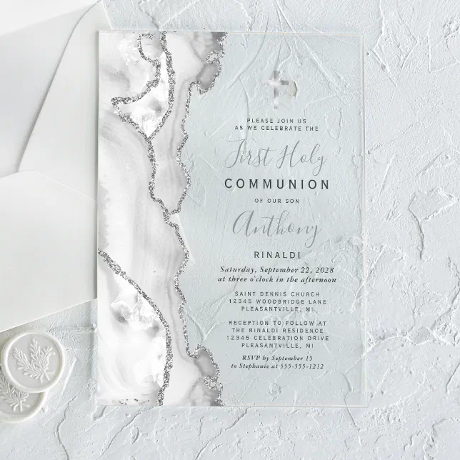 Gray Silver Agate First Holy Communion Acrylic Invitations | Zazzle