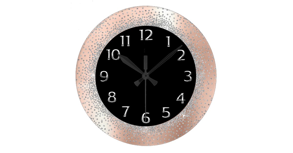 Gray Silver Crystals Black Rose Arabian Numbers Large Clock | Zazzle