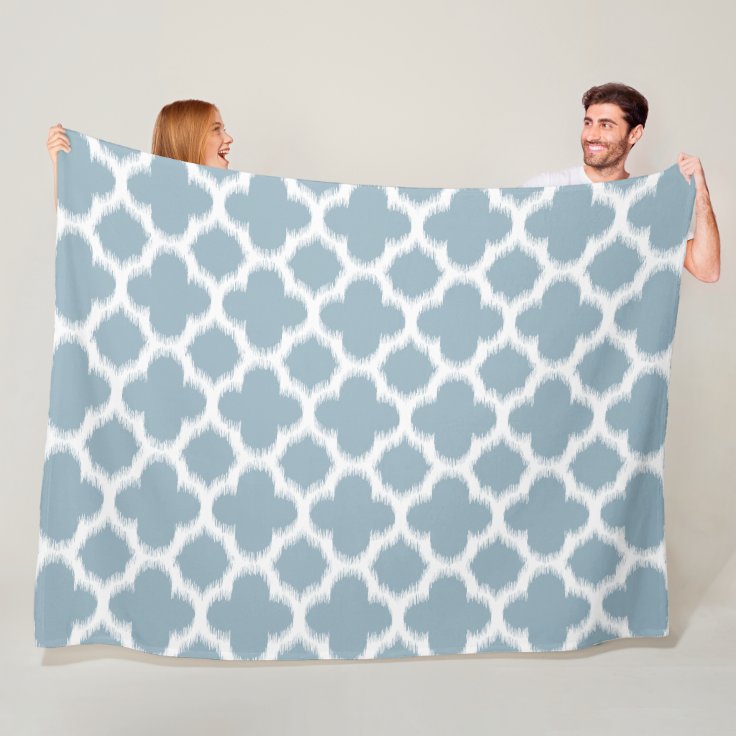 Gray Slate Blue White Ikat Quatrefoil Pattern Fleece Blanket | Zazzle