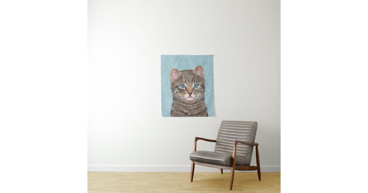 Gray Tabby Cat Painting - Cute Original Cat Art Tapestry | Zazzle