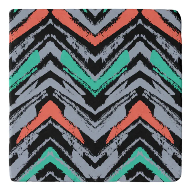 Gray, Teal, And Coral Hand Drawn Chevron Pattern Trivet | Zazzle
