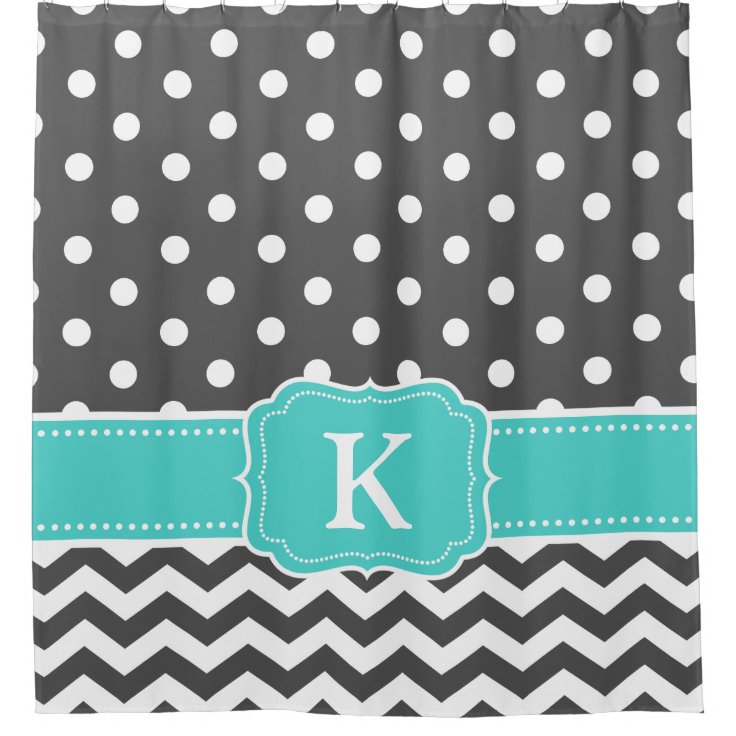 Gray Teal Polka Dots Chevron Monogram Initials Shower Curtain | Zazzle