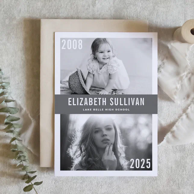 Gray Then and Now Photo Collage Graduation Invitation | Zazzle