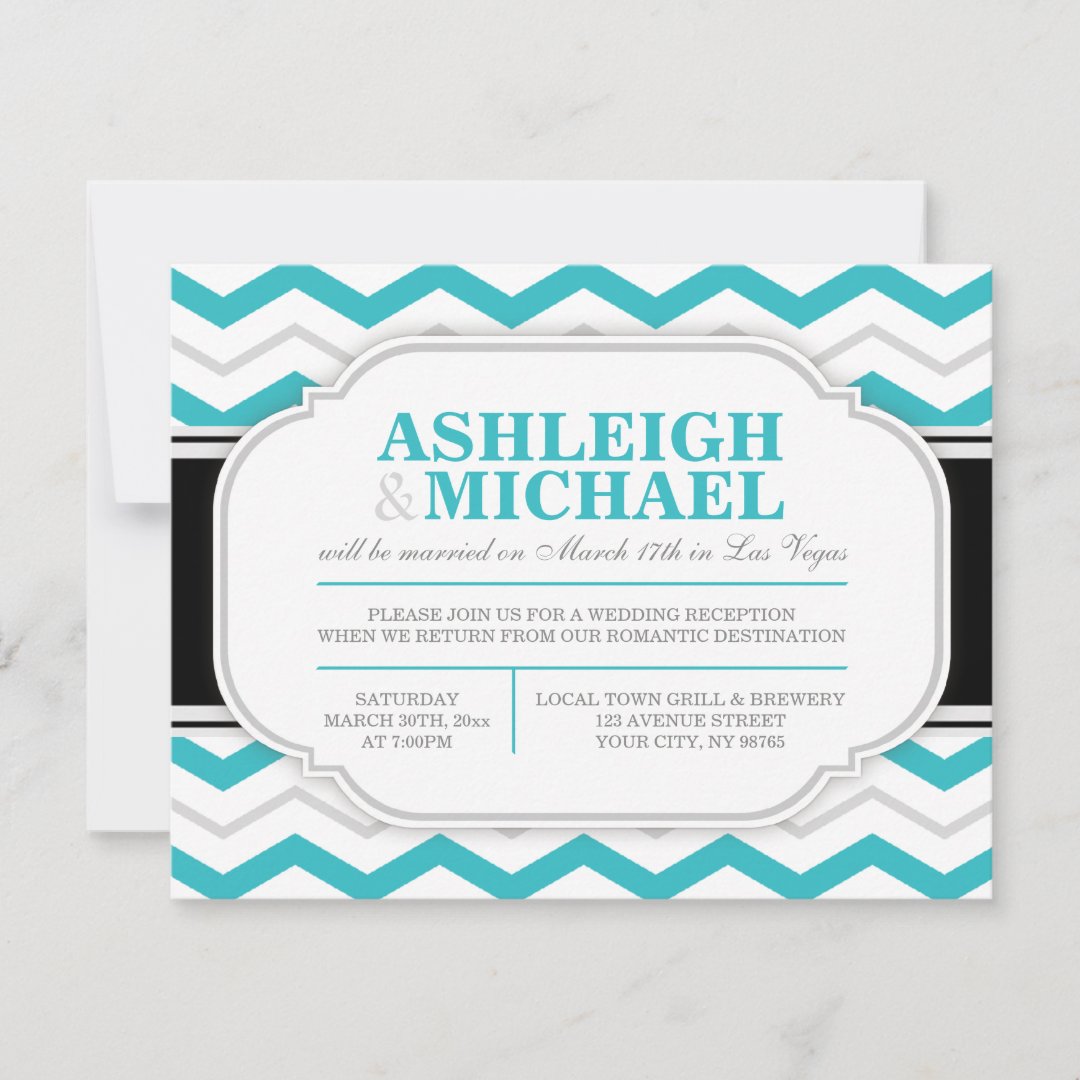 Gray & Turquoise Chevron Wedding Reception ONLY Invitation | Zazzle