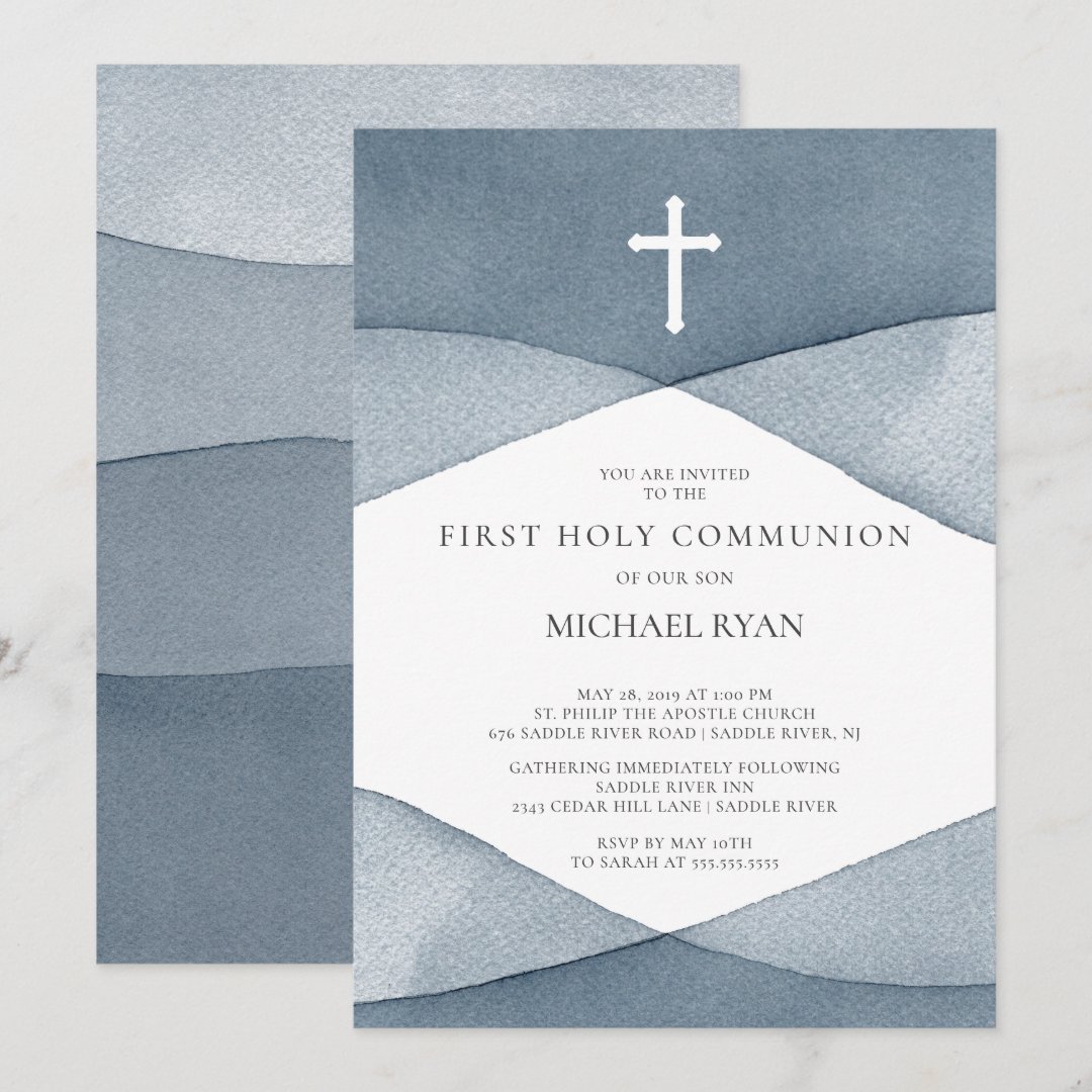 Gray Watercolor Boys First Holy Communion Invitation | Zazzle