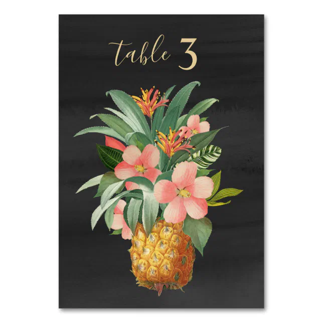 Gray Watercolor Floral Pineapple Tropical Wedding Table Number | Zazzle