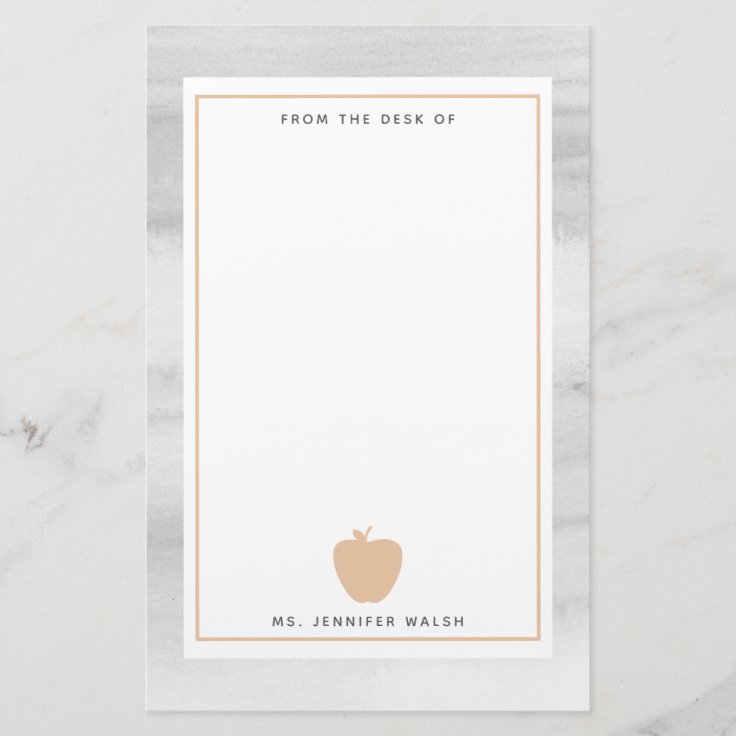 Gray Watercolor Peach Apple Teacher Personalized Stationery | Zazzle