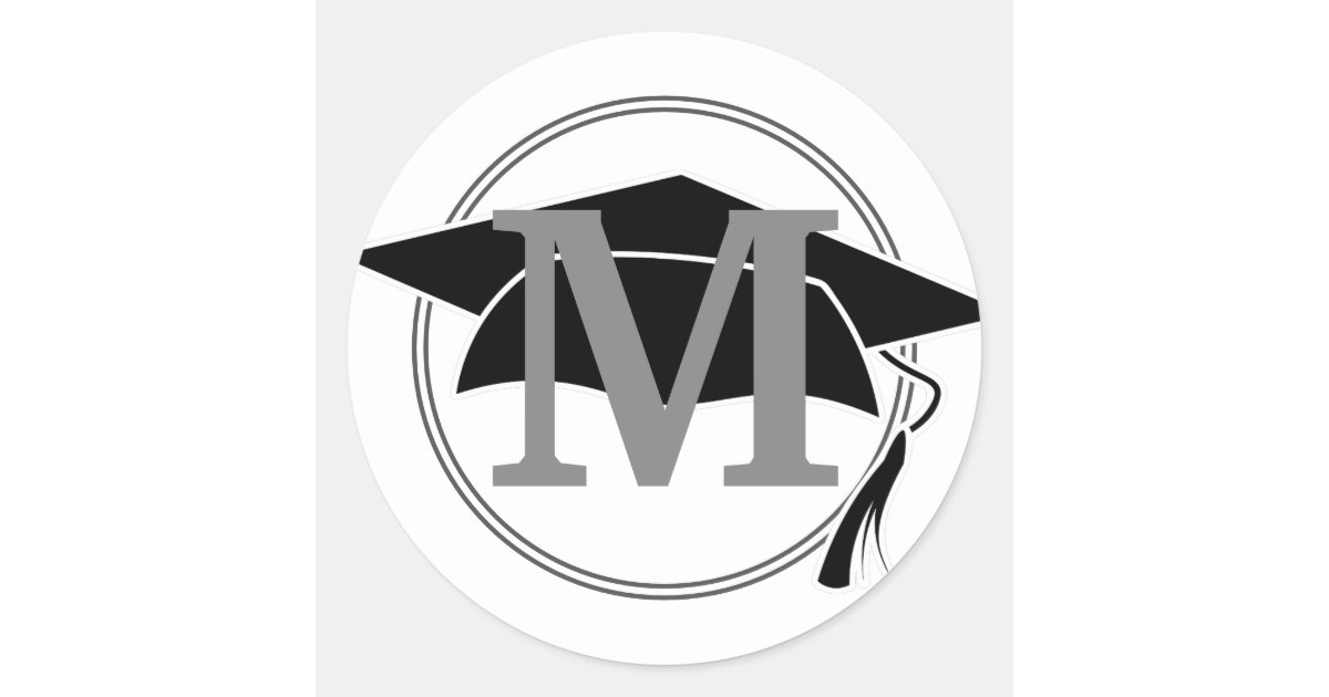 Gray White Black Graduation Cap Monogram Initial Classic Round Sticker ...