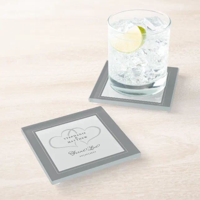 Gray & White Elegant Wedding Hearts Forever Love Glass Coaster | Zazzle