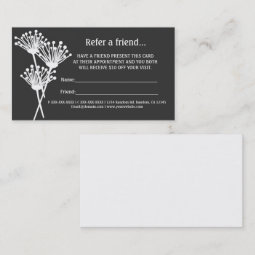 Gray white floral refer a friend business cards | Zazzle