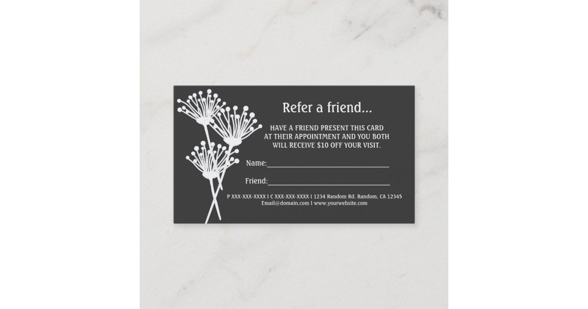 Gray white floral refer a friend business cards | Zazzle