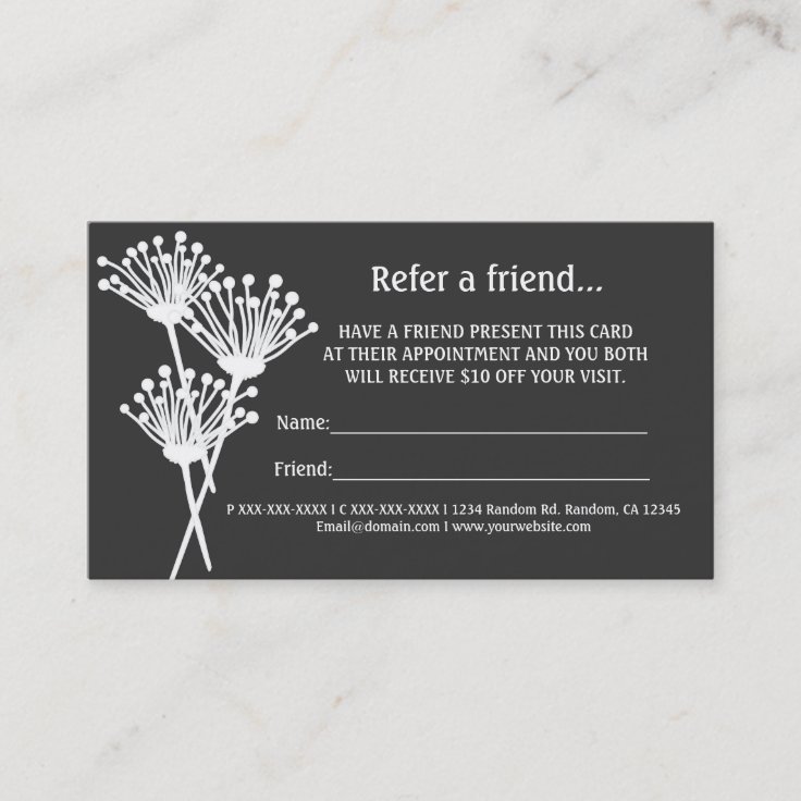 Gray white floral refer a friend business cards | Zazzle
