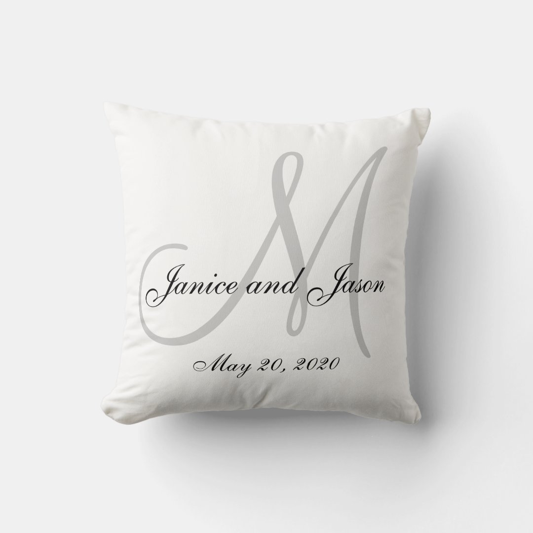 Gray White Monogram Wedding Throw Pillow | Zazzle