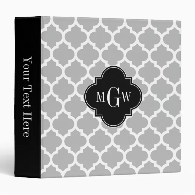 Gray White Moroccan #5 Black 3 Initial Monogram Binder | Zazzle