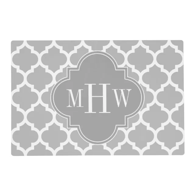 Gray White Moroccan #5 Dk Gray 3 Initial Monogram Placemat | Zazzle
