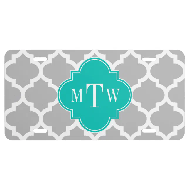 Gray White Moroccan #5 Teal 3 Initial Monogram License Plate | Zazzle