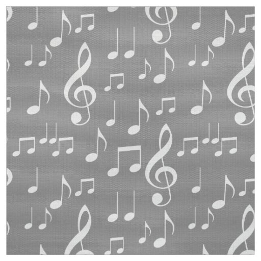 Gray white music notes pattern fabric | Zazzle