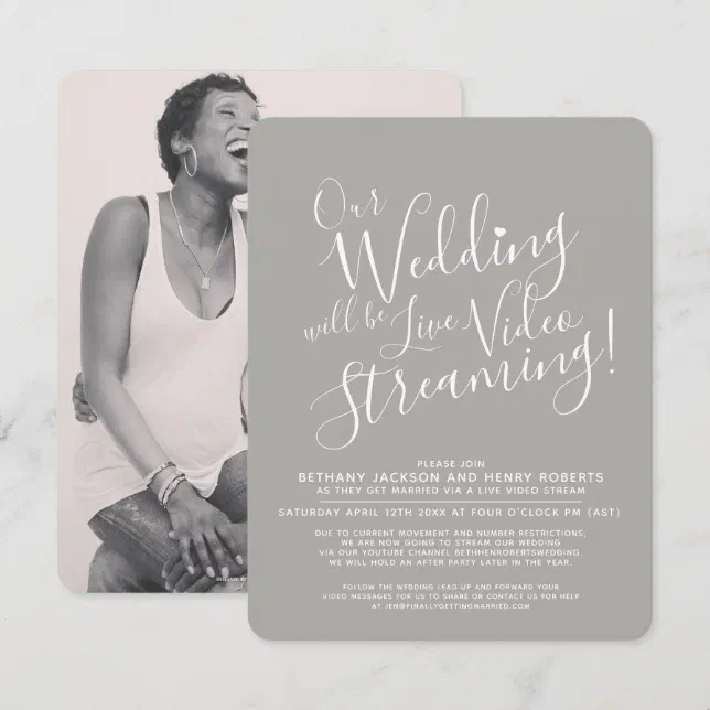 Gray white photo live streaming wedding invitation | Zazzle