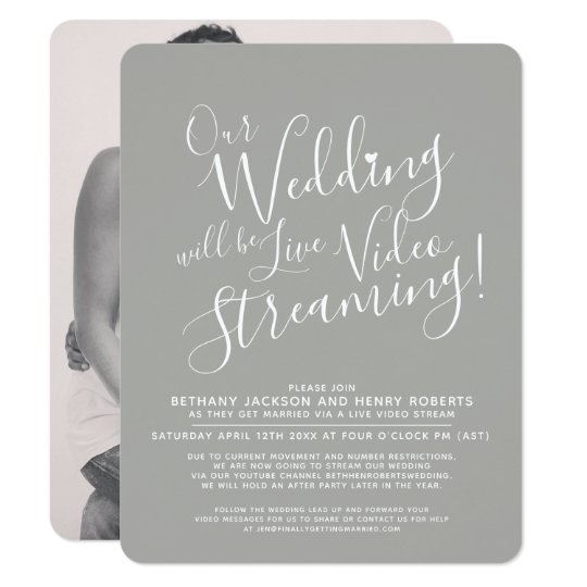 Gray white photo live streaming wedding invitation | Zazzle.com