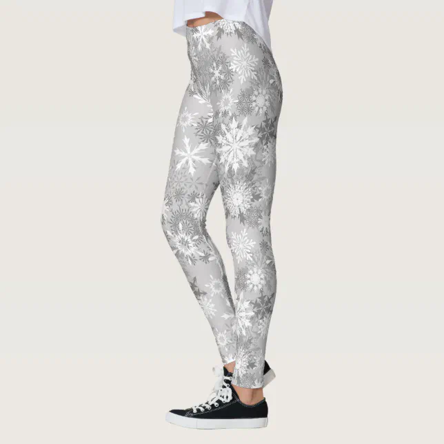 Gray white snowflake pattern leggings Christmas | Zazzle