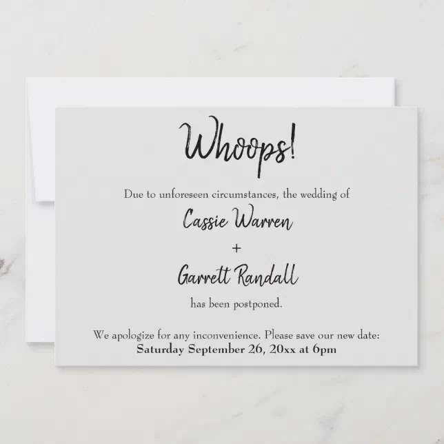 Gray "Whoops!" Postponed Wedding Card | Zazzle