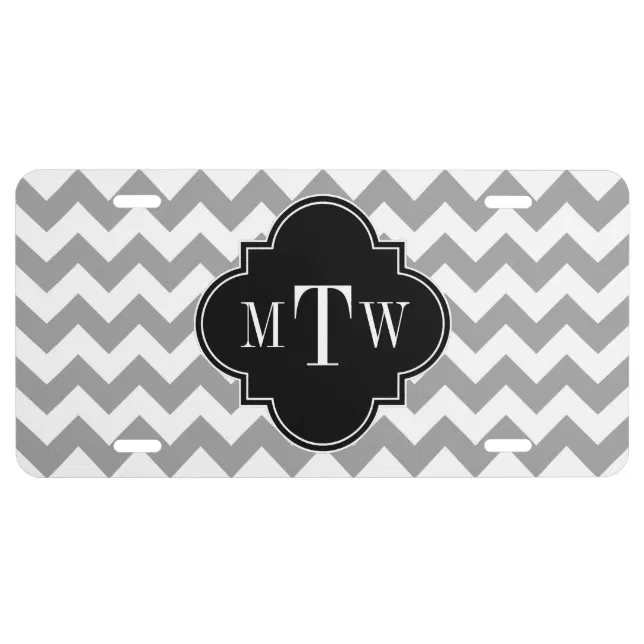 Gray Wht Chevron Black Quatrefoil 3 Monogram License Plate | Zazzle