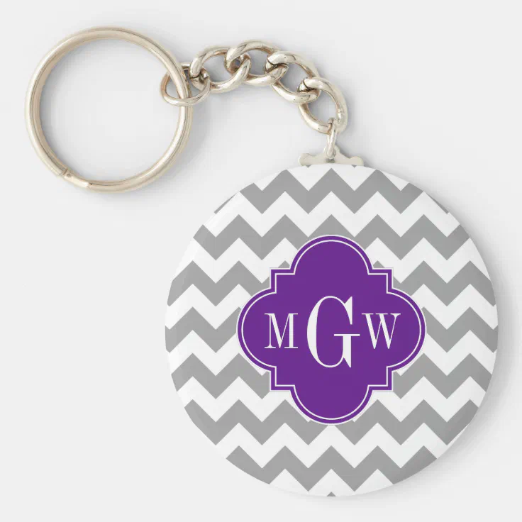 Gray Wht Chevron Purple Quatrefoil 3 Monogram Keychain | Zazzle