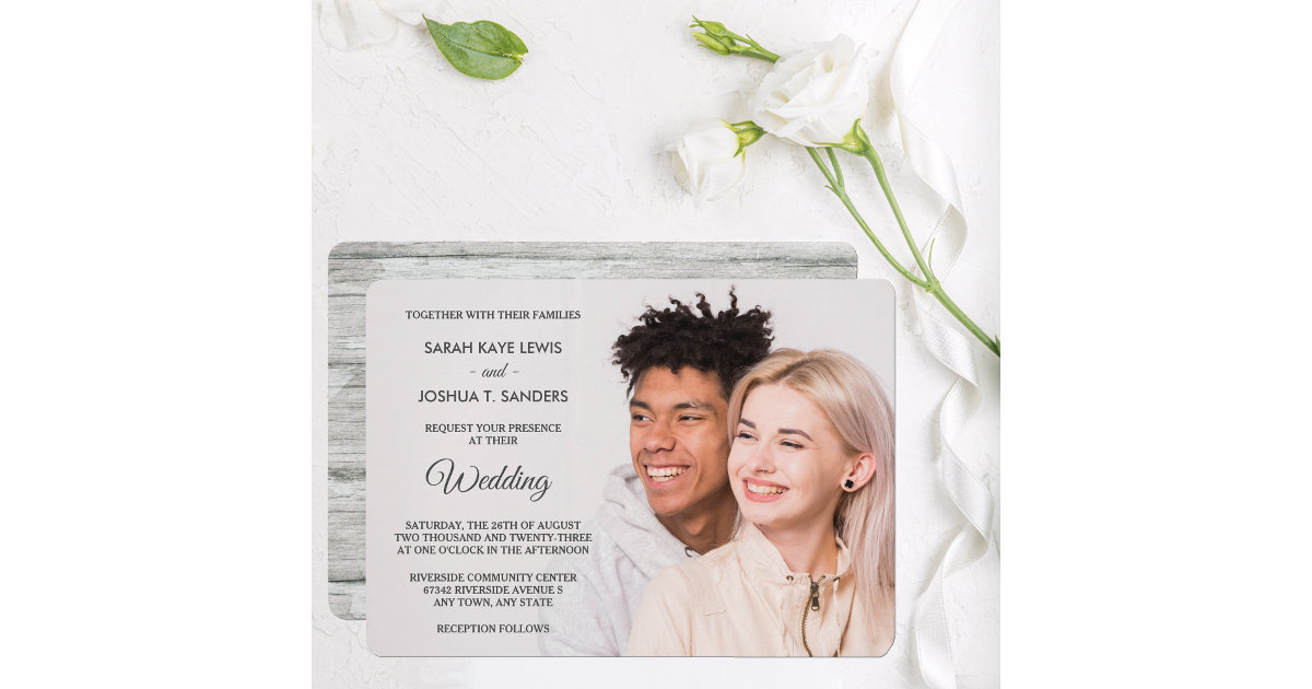 Gray Wood Back Right Side Photo Wedding Invitation | Zazzle