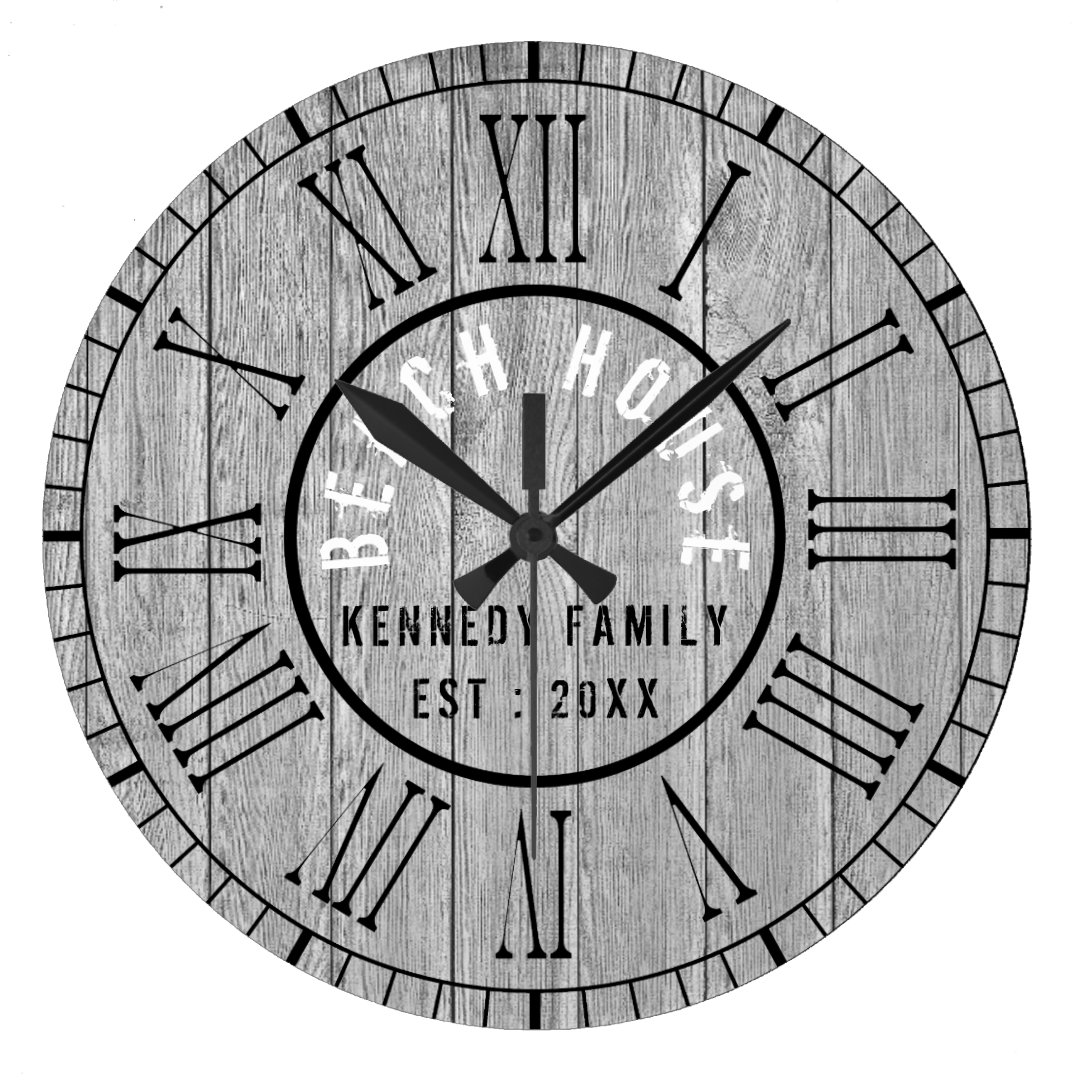 Gray Wood Beach House Black Roman Numeral Large Clock | Zazzle