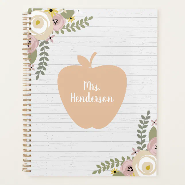 Gray Wood Dusty Floral Pink Apple Teacher Planner | Zazzle