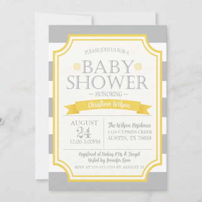 Gray & Yellow Baby Shower Invitation | Zazzle