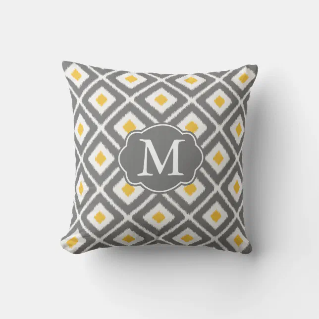Gray, Yellow, White Ikat Diamond Pattern Throw Pillow | Zazzle