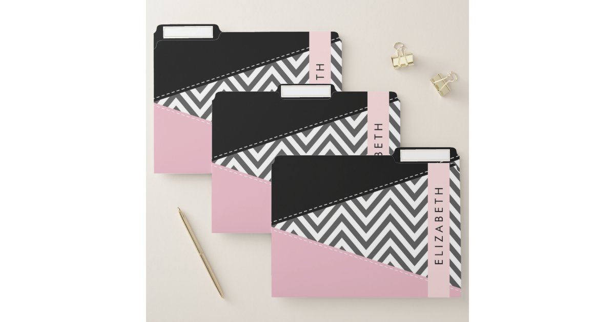 Gray Zigzag, Gray Chevron, Pink, Your Name File Folder | Zazzle